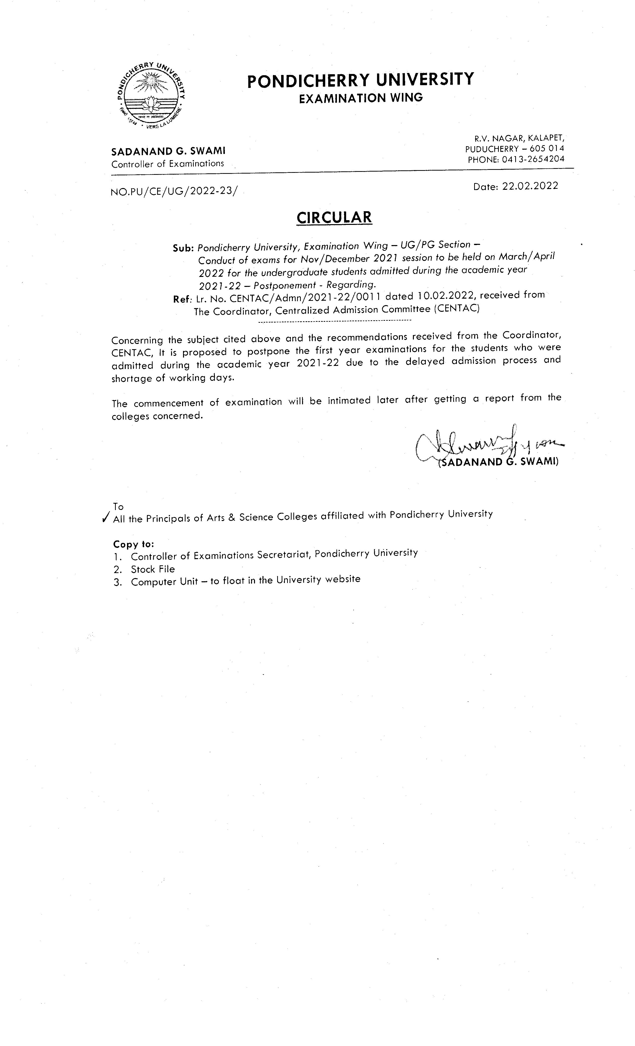 Circular for postponement of first semester examination for UG/PG Arts ...